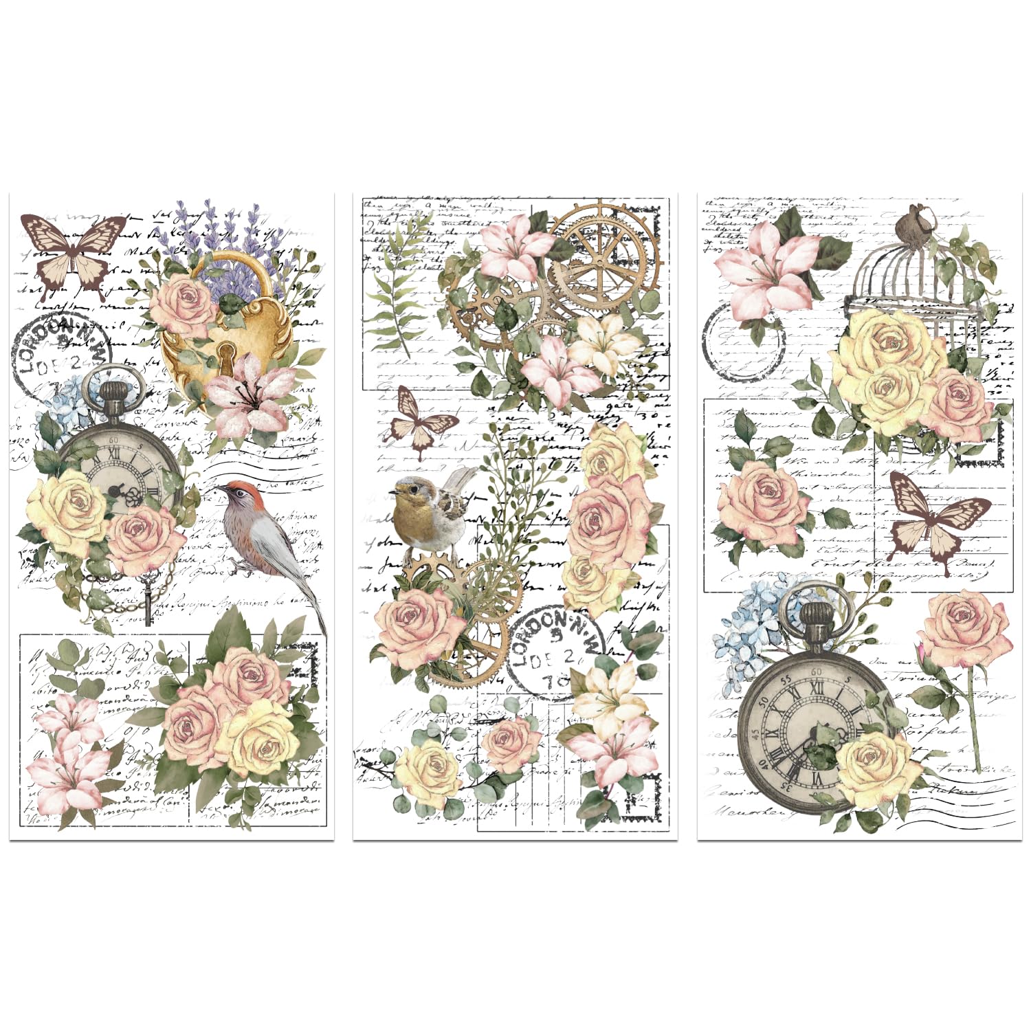 GLOBLELAND Flowers Birds Rub On Transfers Vintage Flowers Transfers for Crafts Rub On Transfers for Crafts and Furniture Home Decor Decals Sticker Stickers 5.9inX11.8in