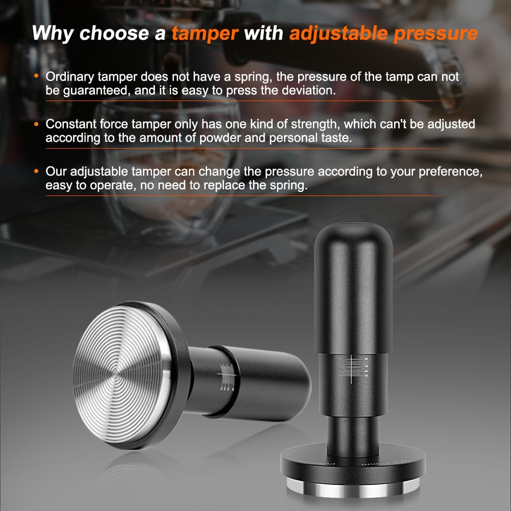 53mm Calibrated Espresso Tamper, Coffee Tamper with 20-35lbs Adjustable Pressure Feature, Springs Loaded Tamper, Anodized Aluminum Handle and Stainless Steel Base