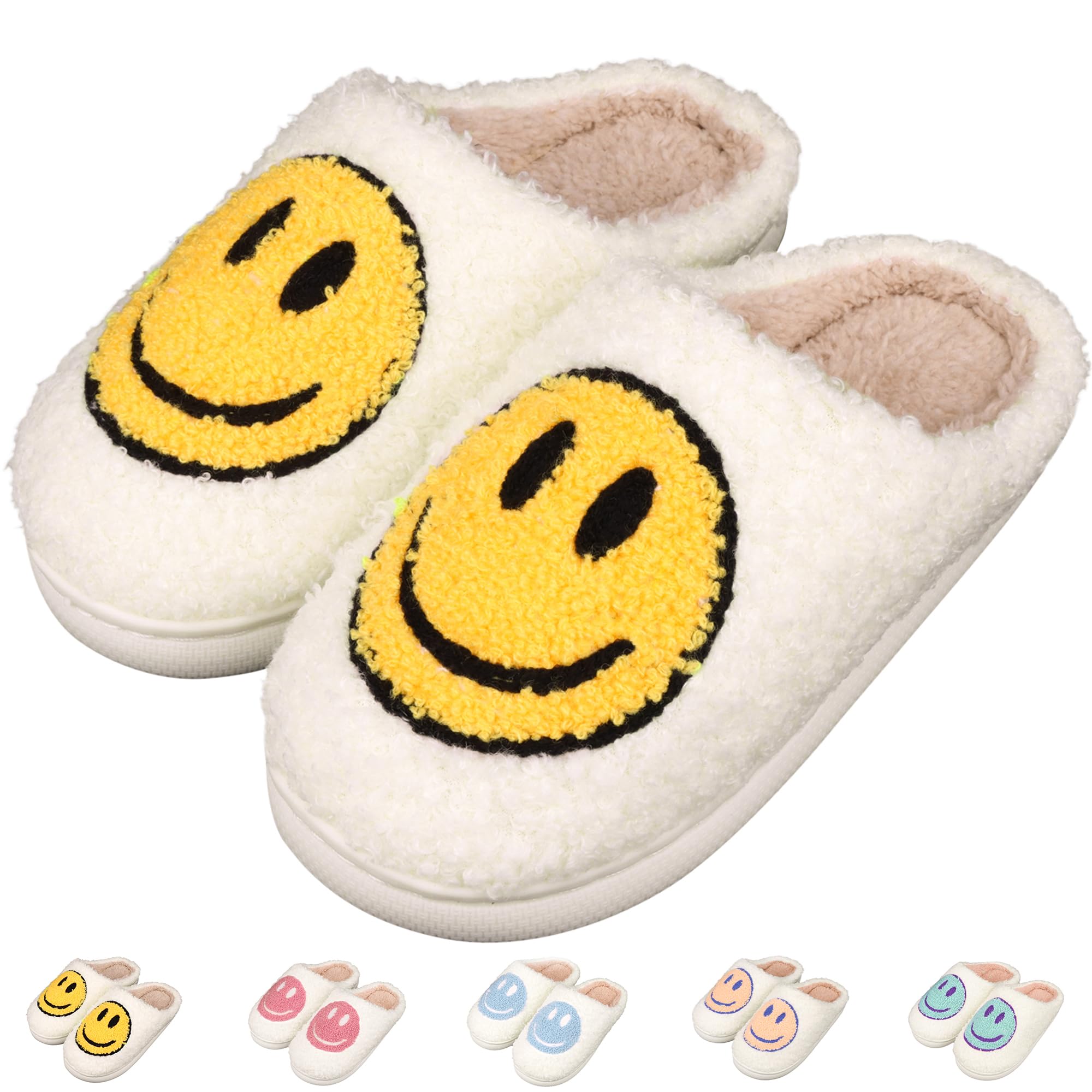 ZICKYO Kids Slippers Boys Girls Cute Happy Face House Slippers Warm Soft Plush Non-Slip Indoor Outdoor Slip-on Shoes White Yellow 3-4 Big Kid