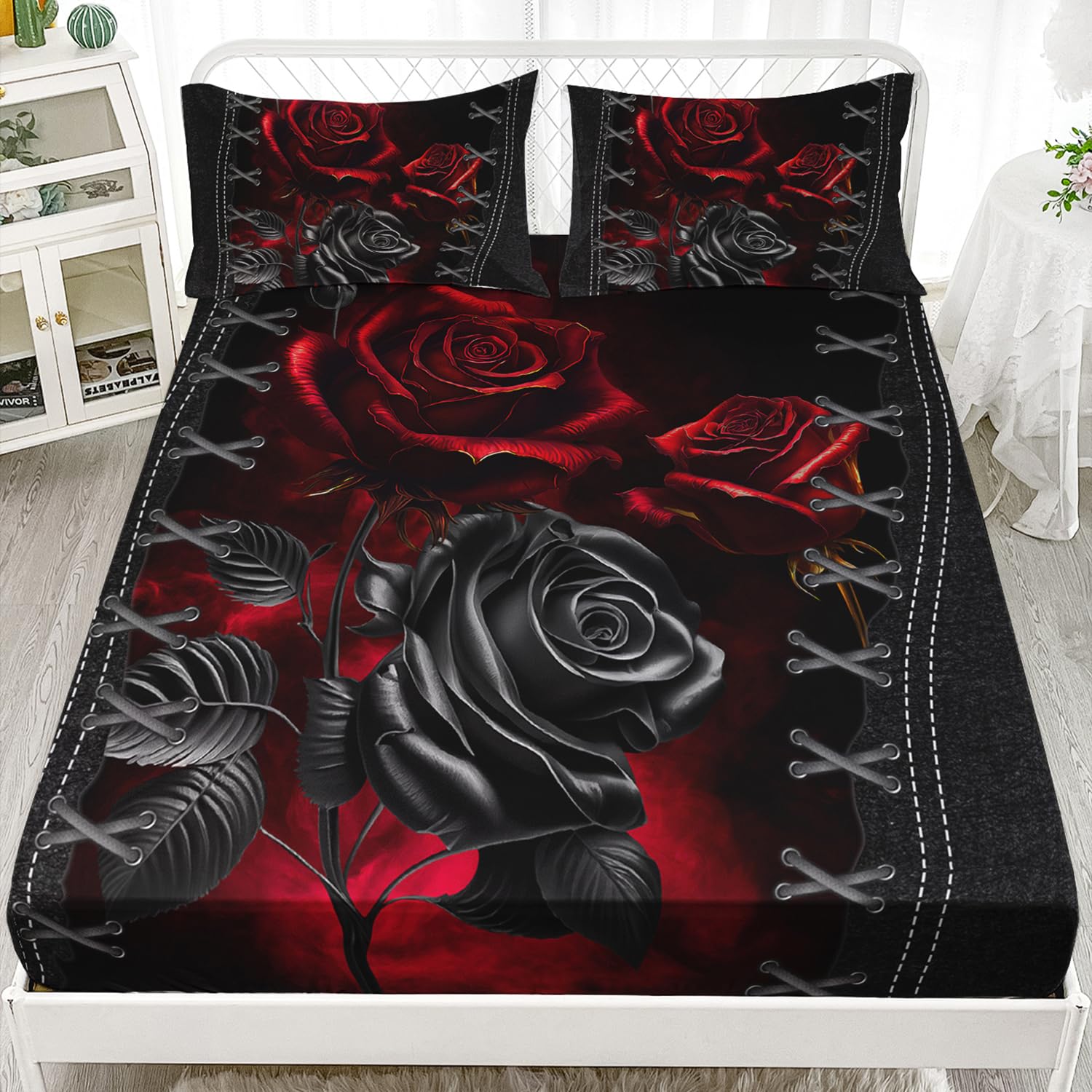 AILONEN Red Rose Fitted Sheet Full Size, 3D Red Flowers Bed Sheet Set,Romantic Floral Sheets for Girls Women Room Decor,3PCS Black Red Rose Sheet Sets,1 Fitted Sheet and 2 Pillowcases