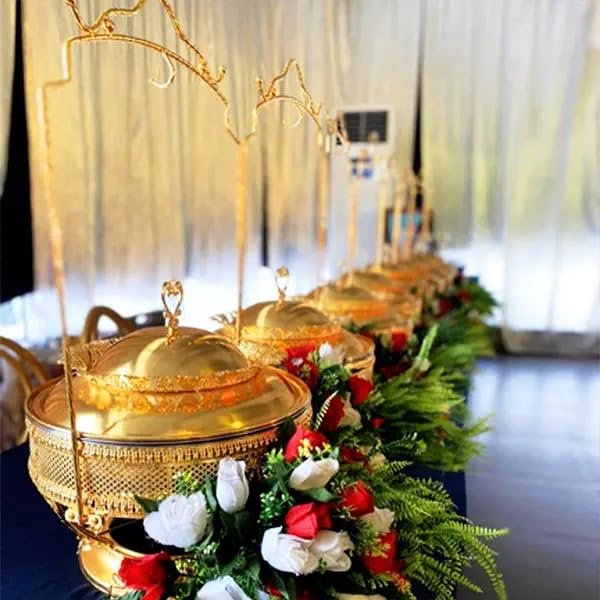 HONHPD Chafing Dish 8L for Hotel Decorative Fancy Luxury Gold Chafing Dish Buffet Set with Hanging Hinged Lid,Buffet Warmers Sets for Parties, Events, Wedding, Camping, Dinner(Golden