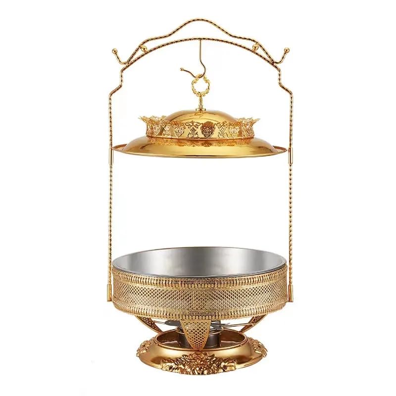 HONHPD Chafing Dish 8L for Hotel Decorative Fancy Luxury Gold Chafing Dish Buffet Set with Hanging Hinged Lid,Buffet Warmers Sets for Parties, Events, Wedding, Camping, Dinner(Golden