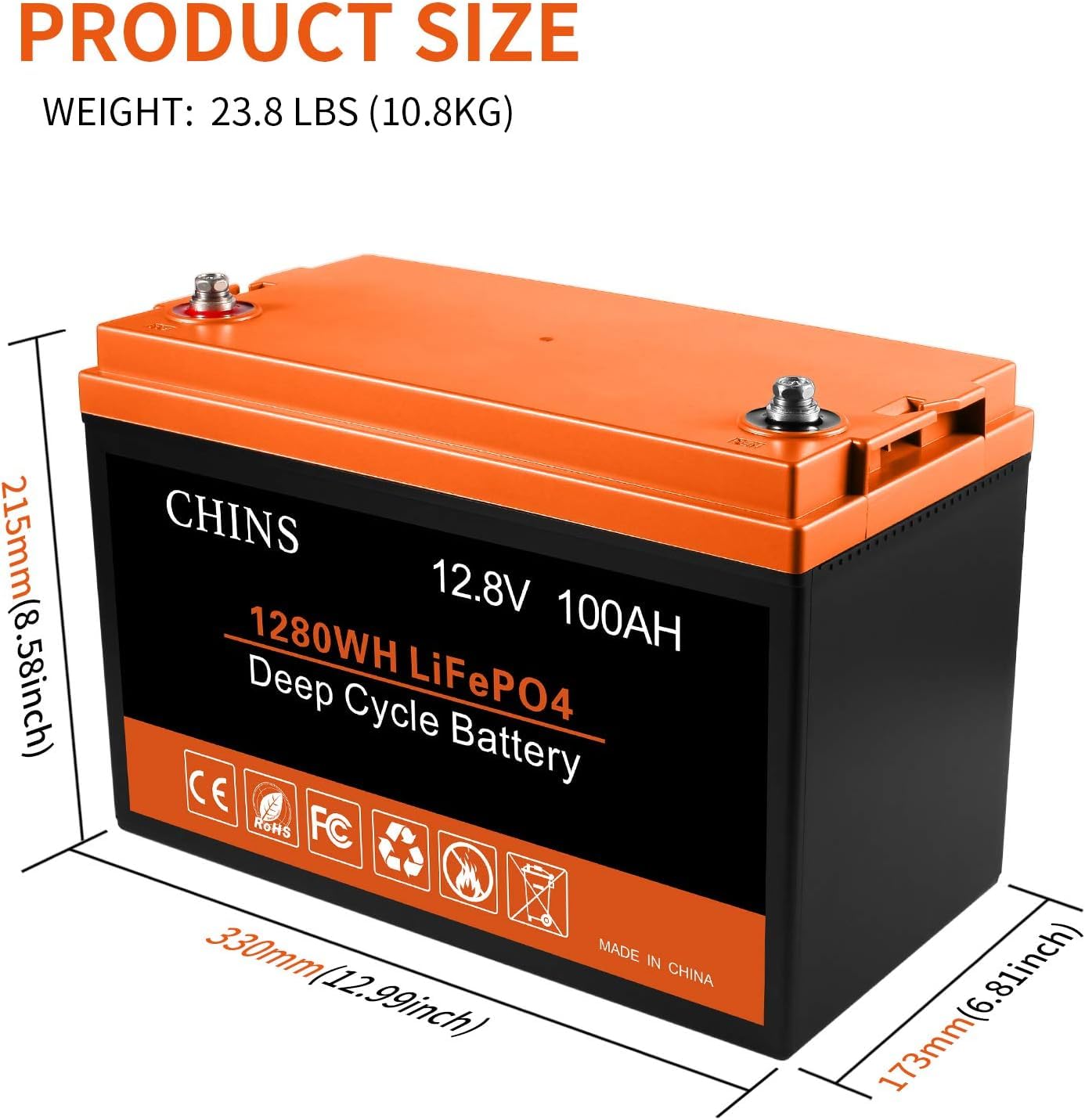 CHINS 4 Pack 12V 100AH LiFePO4 Battery 48V 100AH Lithium Battery, Includes 48V 10A Lithium Battery Charger, Perfect for Golf Cart, Trolling Motor, Marine, Includes Low-Temperature Cut-Off Function