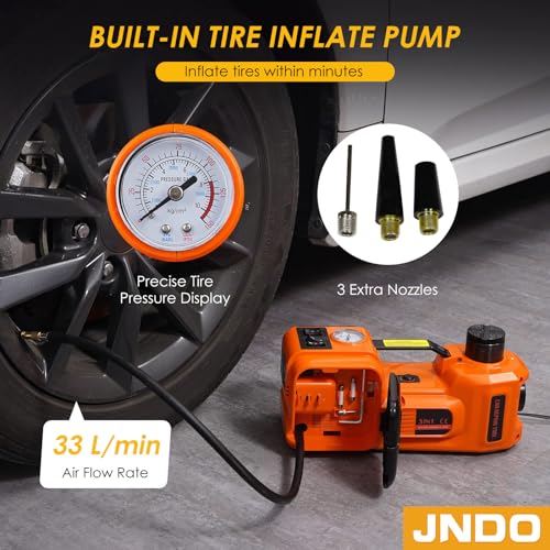JNDO Electric Car Jack Kit 5 Ton Lifting Range 6.1 to 17.7 Inch Car Jack Hydraulic with Electric Wrench Floor Jack Built-in Inflatable Pump and Led Light Red