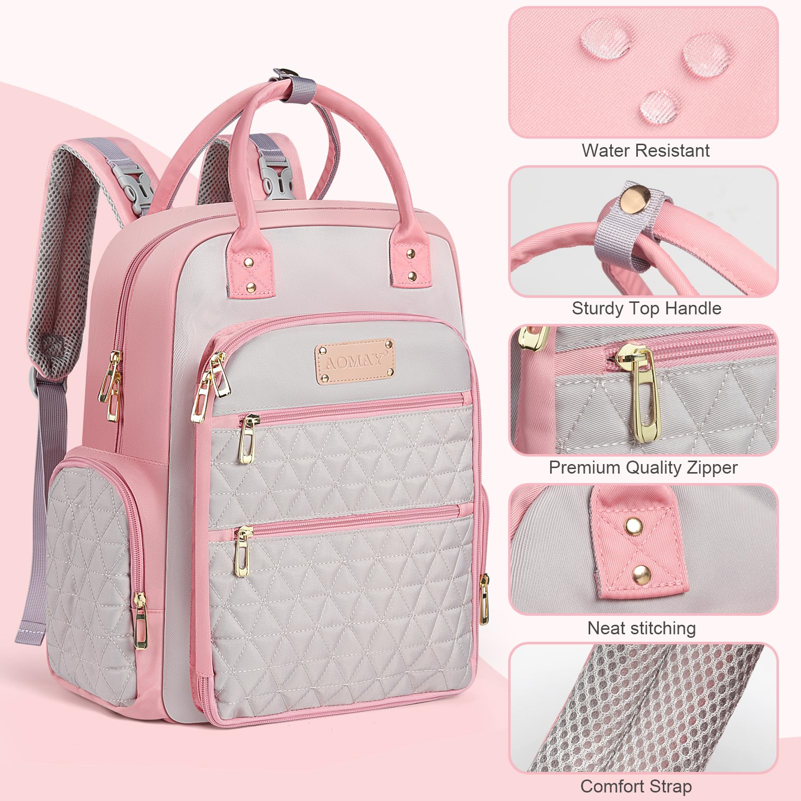 AOMAY Diaper Bag Backpack - Mommy bag for hospital, Travel backpacks, Large Capacity, Multifunctional - Baby Essentials(Pink)