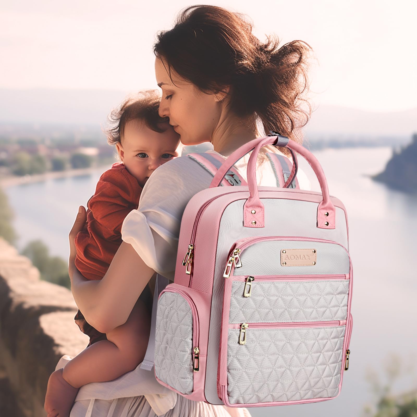 AOMAY Diaper Bag Backpack - Mommy bag for hospital, Travel backpacks, Large Capacity, Multifunctional - Baby Essentials(Pink)