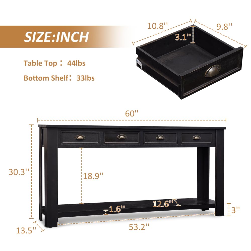 HLXZN Console Table for Entryway, 60 Inch Sofa Table Narrow Long Hallway Table Entryway Table w/4 Drawers and Bottom Shelf for Living Room Entryway Home, Black