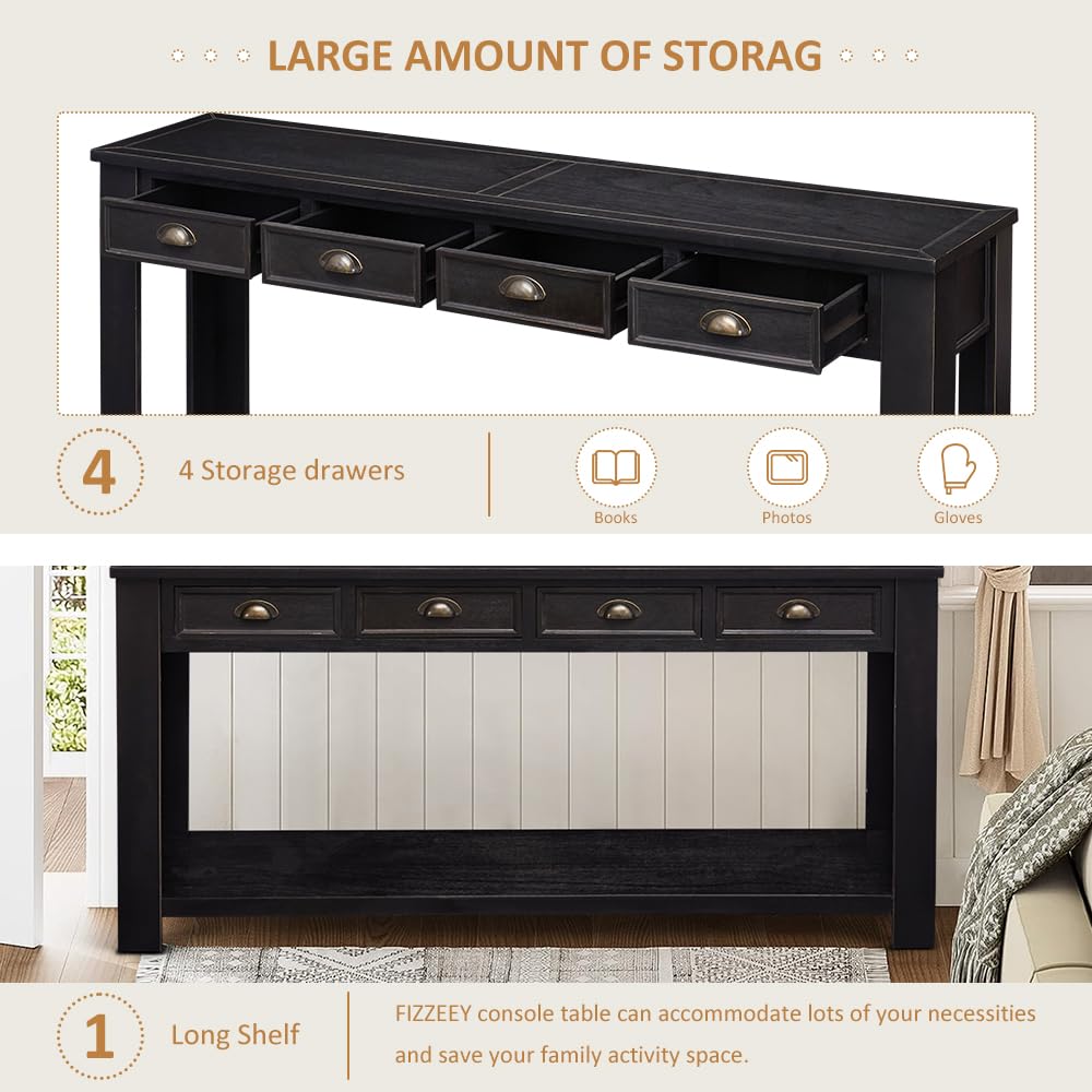 HLXZN Console Table for Entryway, 60 Inch Sofa Table Narrow Long Hallway Table Entryway Table w/4 Drawers and Bottom Shelf for Living Room Entryway Home, Black
