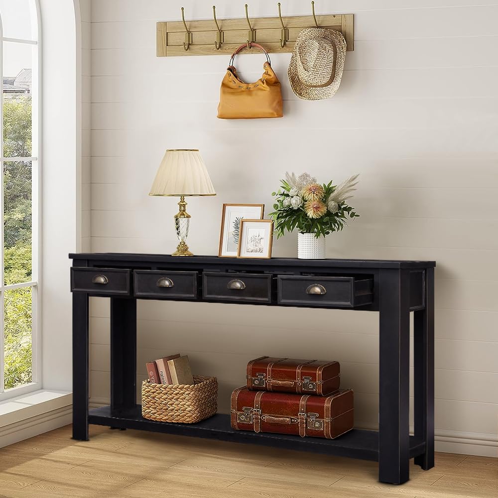 HLXZN Console Table for Entryway, 60 Inch Sofa Table Narrow Long Hallway Table Entryway Table w/4 Drawers and Bottom Shelf for Living Room Entryway Home, Black