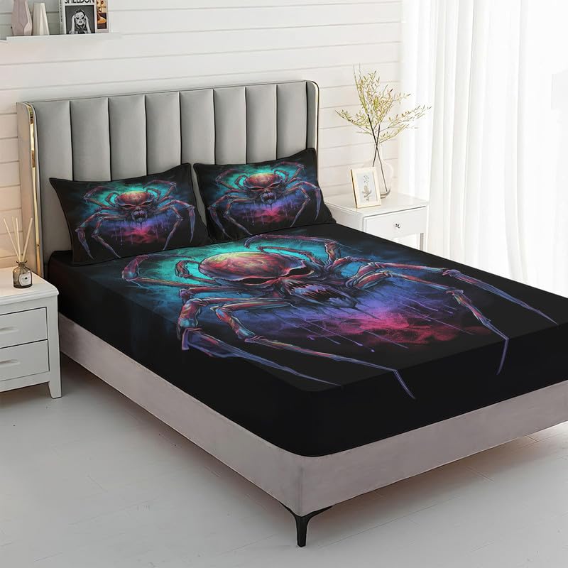 NANDHA Spider Sheet Set Full Size - Halloween Bed Sheets - Horror Printed Bedding Sheets & Pillowcases - Super Soft & Deep Pocket & Winkle Free - 4 Piece (Flat, Fitted Sheet & 2 Pillowcases)