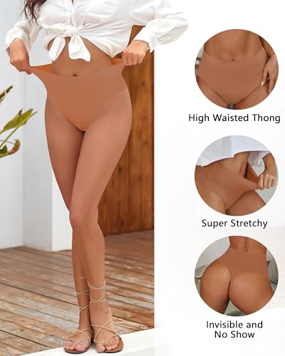 HORISUN Women's Thong Underwear High Waisted Womens Underwear Seamless Breathable Womens Thongs Panties 4 Pack(Vintage L)
