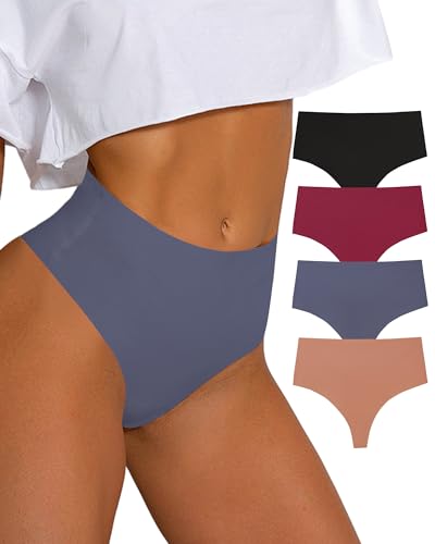 HORISUN Women's Thong Underwear High Waisted Womens Underwear Seamless Breathable Womens Thongs Panties 4 Pack(Vintage L)