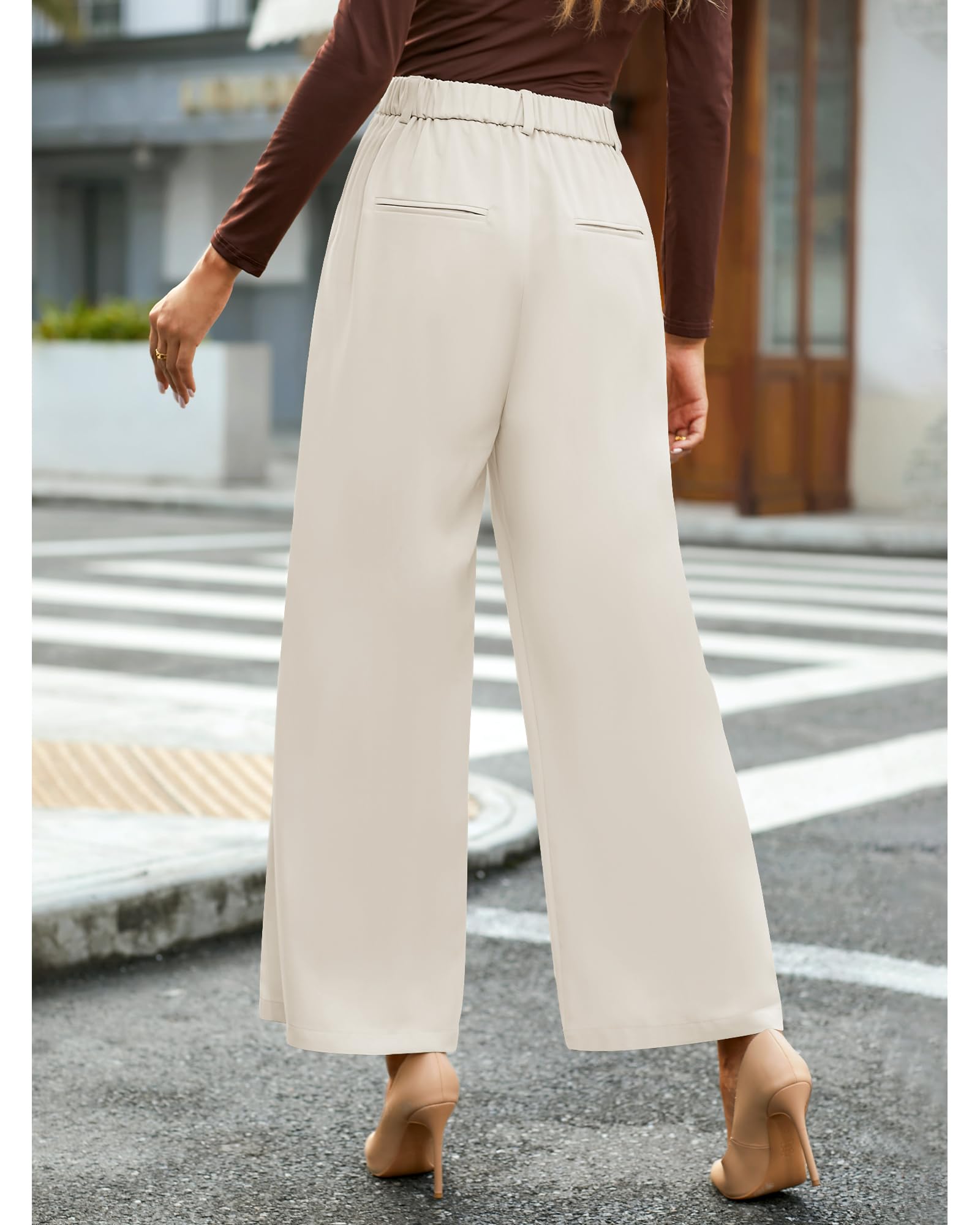 GRAPENT Fall Women's Stretchy Work Pants - White High Waisted Palazzo Slacks - Size 8, 10