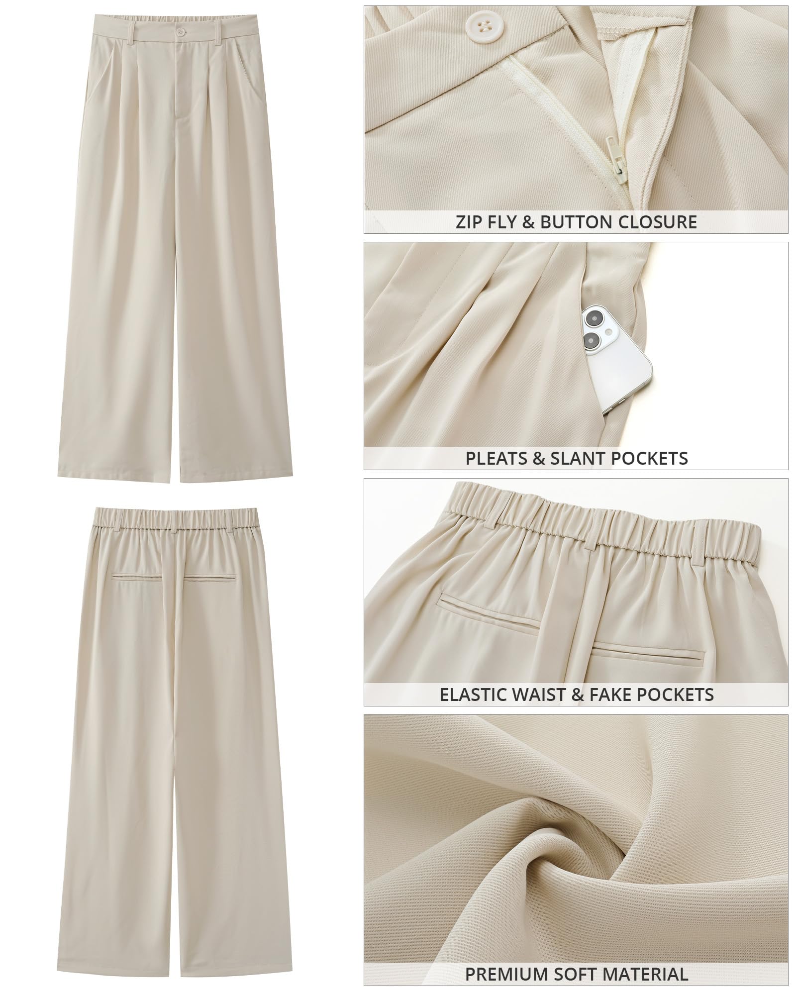 GRAPENT Fall Women's Stretchy Work Pants - White High Waisted Palazzo Slacks - Size 8, 10