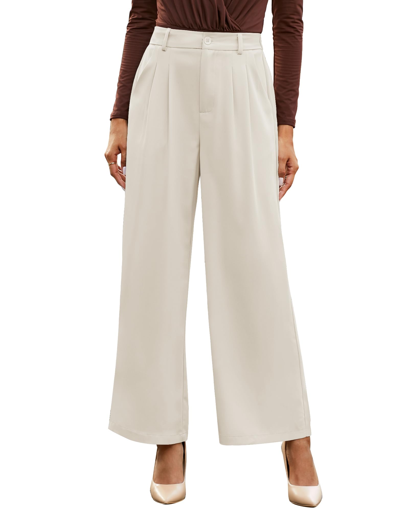 GRAPENT Fall Women's Stretchy Work Pants - White High Waisted Palazzo Slacks - Size 8, 10