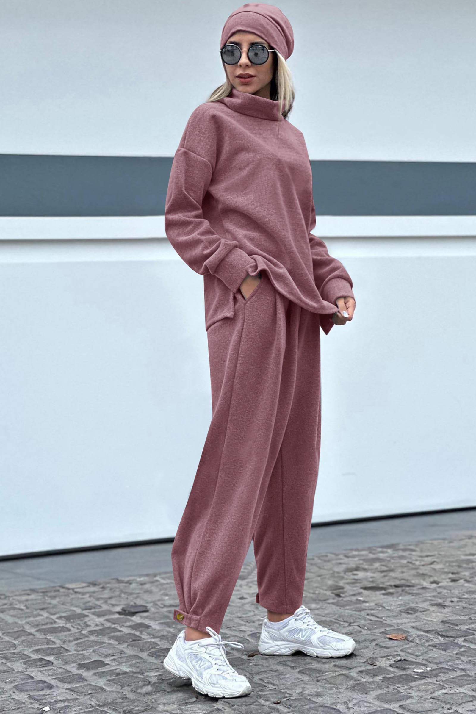 PRETTYGARDEN 2 Piece Outfits For Women Fall Long Sleeve Tracksuit Set High Neck Pullover Shirts Pockets Pants Y2K Sweatsuits (Purple Red,Medium)