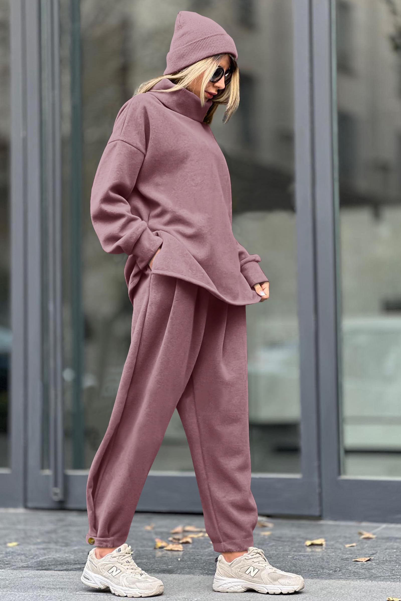 PRETTYGARDEN 2 Piece Outfits For Women Fall Long Sleeve Tracksuit Set High Neck Pullover Shirts Pockets Pants Y2K Sweatsuits (Purple Red,Medium)