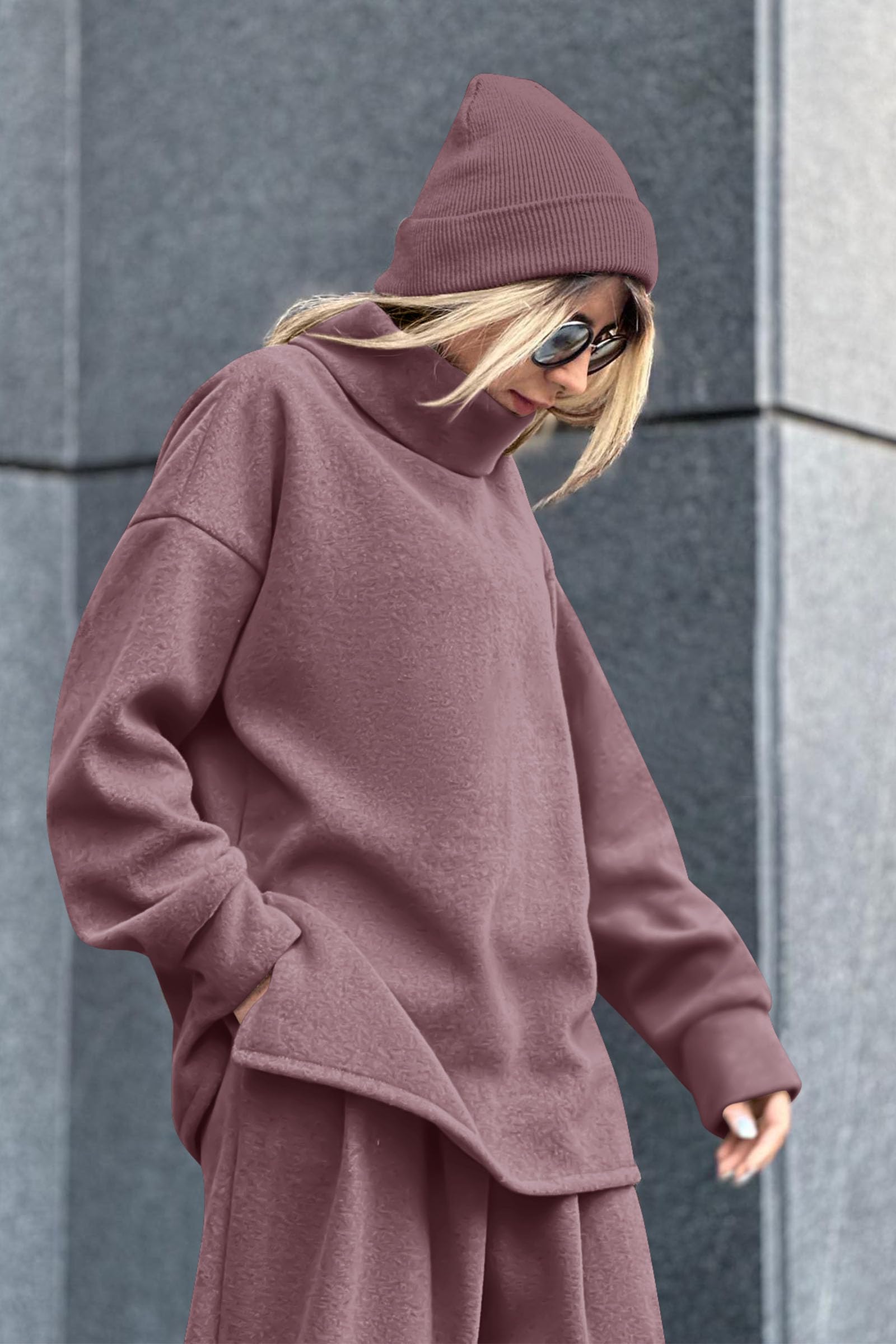 PRETTYGARDEN 2 Piece Outfits For Women Fall Long Sleeve Tracksuit Set High Neck Pullover Shirts Pockets Pants Y2K Sweatsuits (Purple Red,Medium)