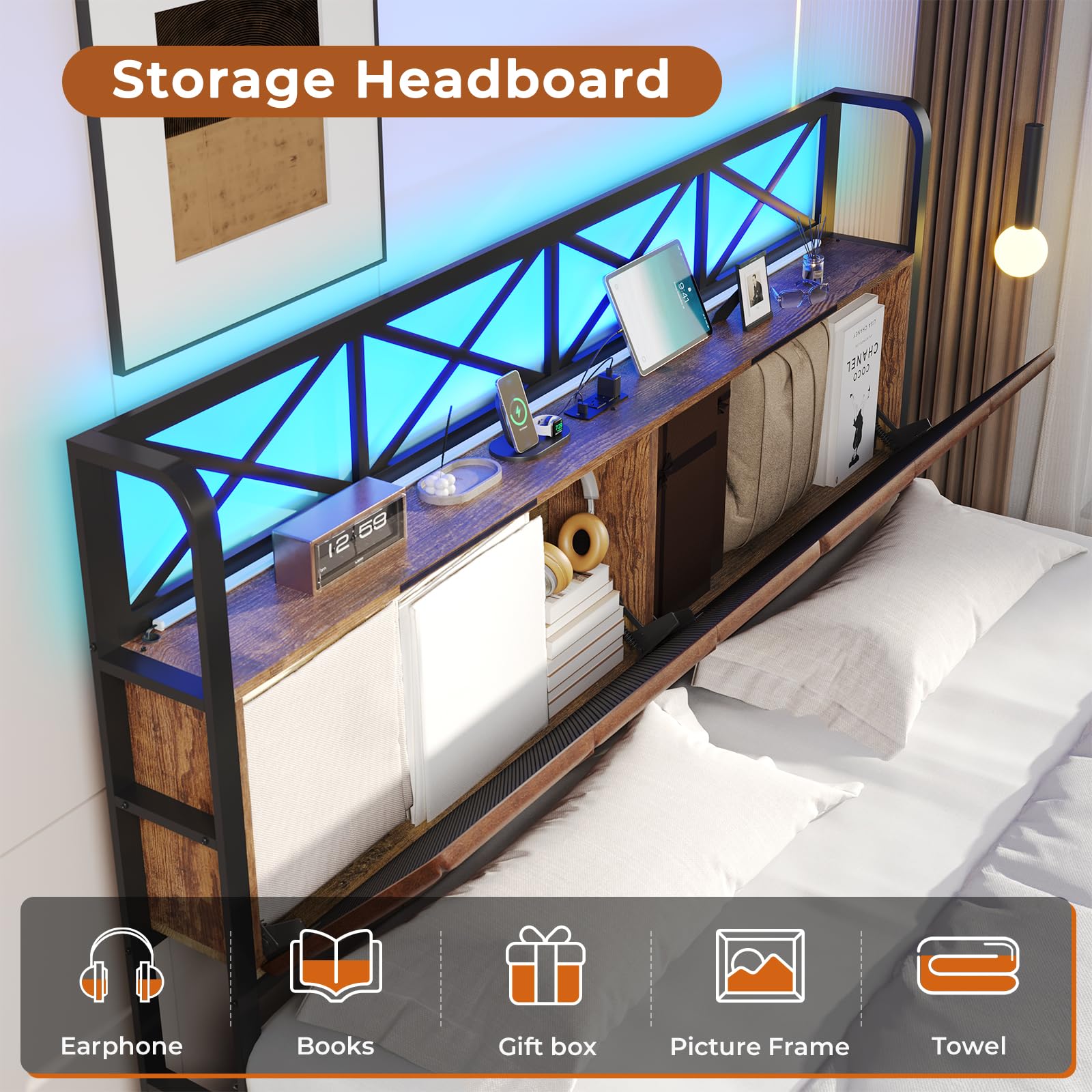 DICTAC King LED Bed Frame with Hidden Storage Headboard, Brown Leather Upholstered Bed Frame with 2 Drawers, Metal Platform King Led Headboard with Charging Station