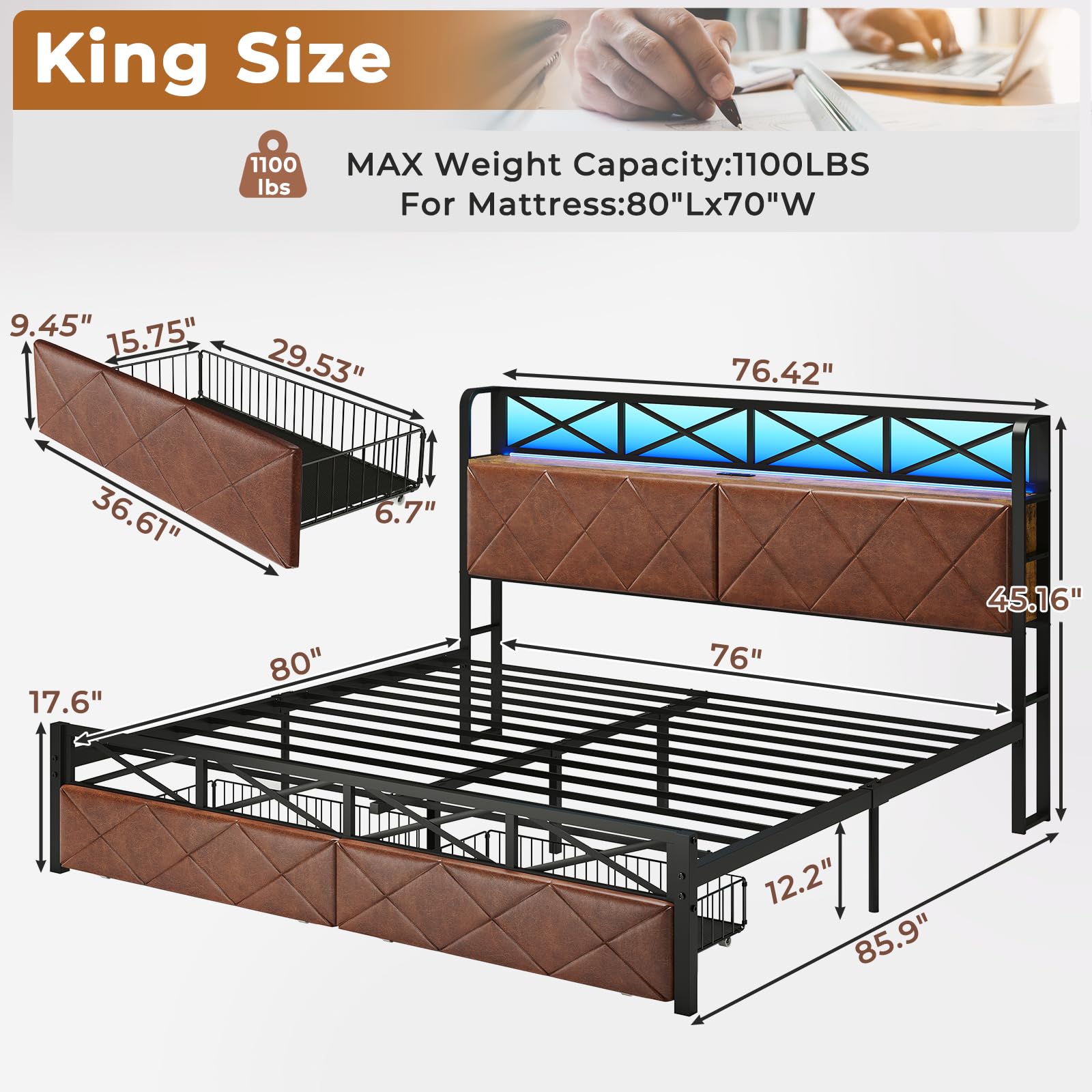 DICTAC King LED Bed Frame with Hidden Storage Headboard, Brown Leather Upholstered Bed Frame with 2 Drawers, Metal Platform King Led Headboard with Charging Station