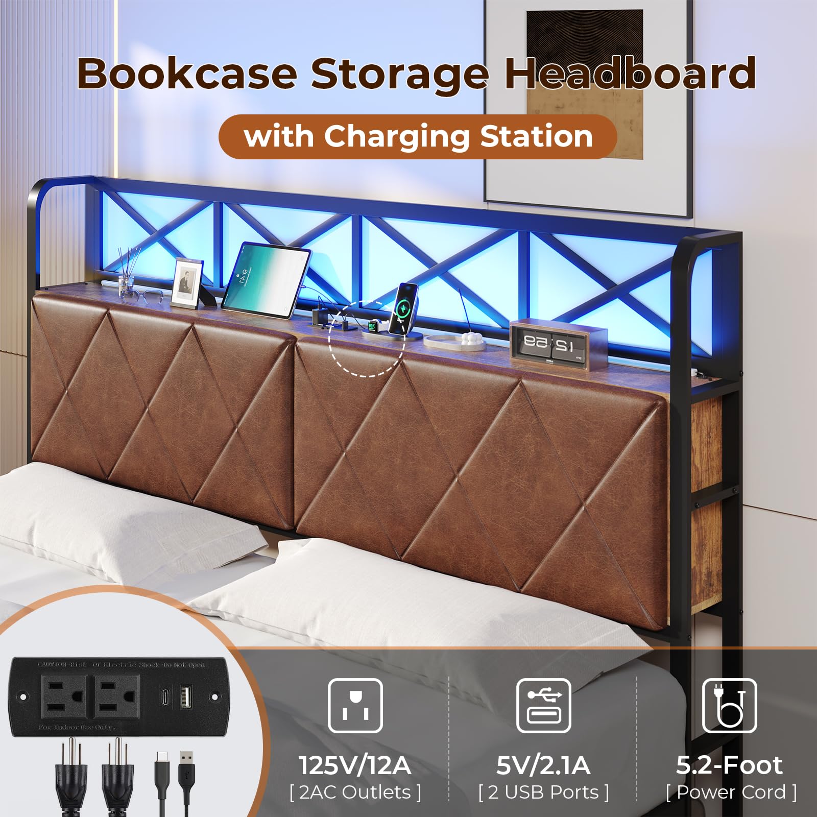 DICTAC King LED Bed Frame with Hidden Storage Headboard, Brown Leather Upholstered Bed Frame with 2 Drawers, Metal Platform King Led Headboard with Charging Station