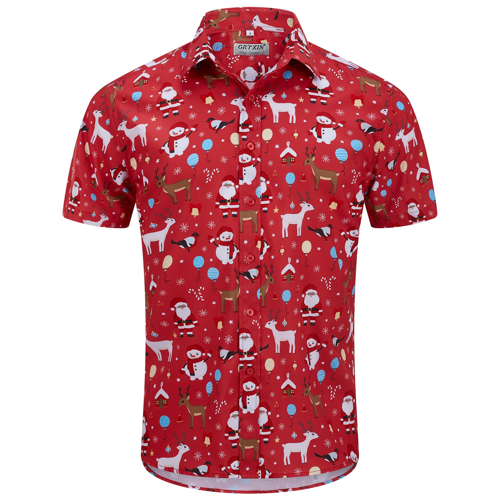 GRTXIN Christmas Shirts for Men Hawaiian Santa Claus Vacation Shirt Short Sleeve Button Down Dress Shirts(Red-M)