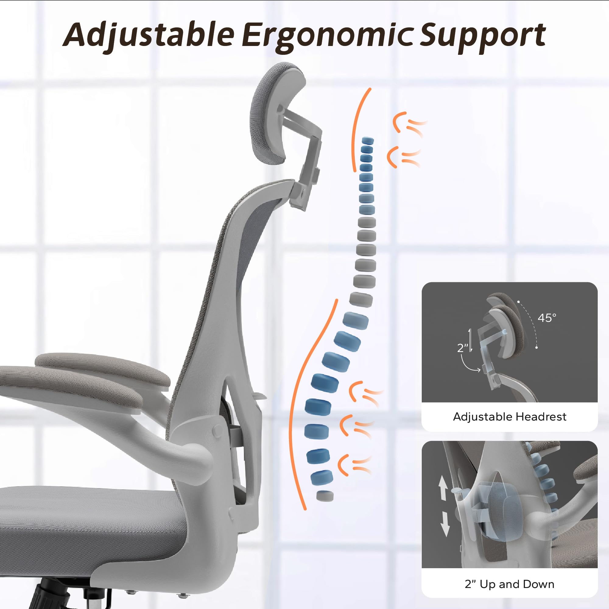 SICHY AGE Ergonomic Office Desk Chair, Home Mesh Office Desk Chairs with Wheels, High Back Office Chair with Flip-Armrest & Cushion for Lumbar Support, Office Chair for Study and Work, Gray