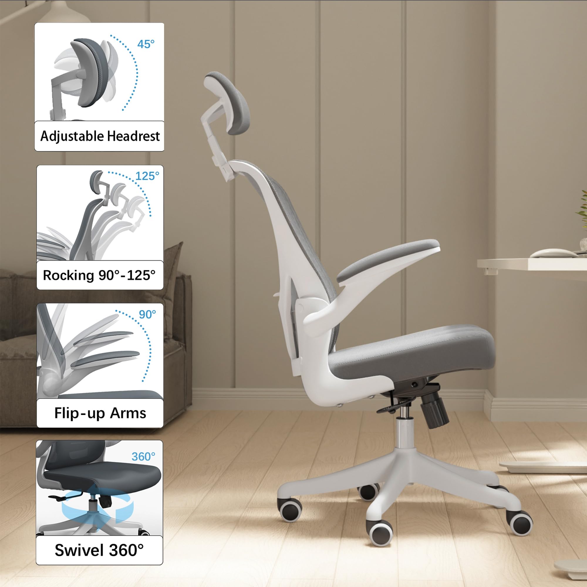 SICHY AGE Ergonomic Office Desk Chair, Home Mesh Office Desk Chairs with Wheels, High Back Office Chair with Flip-Armrest & Cushion for Lumbar Support, Office Chair for Study and Work, Gray