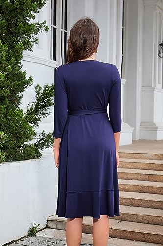 yasingoo Women's V-Neck Wrap Dress 2023 Fall Fashion 3/4 Sleeve Tie Waist Midi Flowy Ruffle Hem Mixi Boho Dresses Dark Blue,Medium