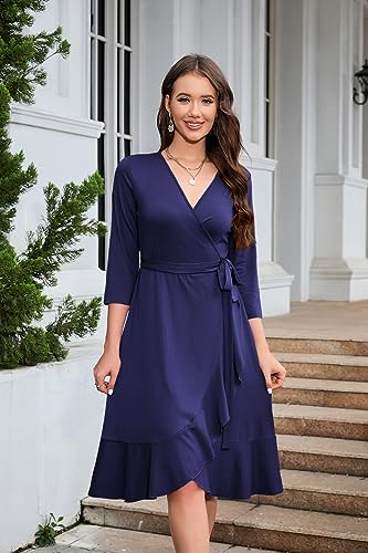 yasingoo Women's V-Neck Wrap Dress 2023 Fall Fashion 3/4 Sleeve Tie Waist Midi Flowy Ruffle Hem Mixi Boho Dresses Dark Blue,Medium
