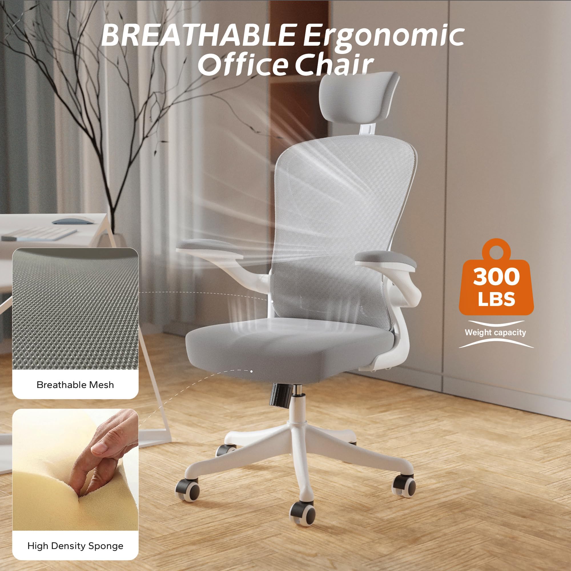 SICHY AGE Ergonomic Office Desk Chair, Home Mesh Office Desk Chairs with Wheels, High Back Office Chair with Flip-Armrest & Cushion for Lumbar Support, Office Chair for Study and Work, Gray