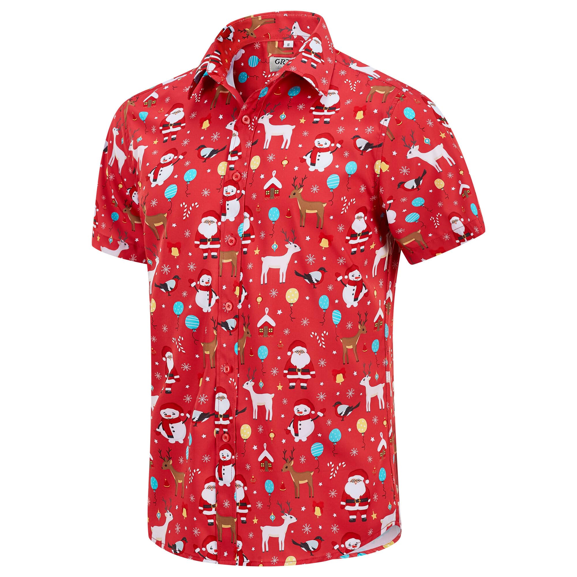 GRTXIN Christmas Shirts for Men Hawaiian Santa Claus Vacation Shirt Short Sleeve Button Down Dress Shirts(Red-M)