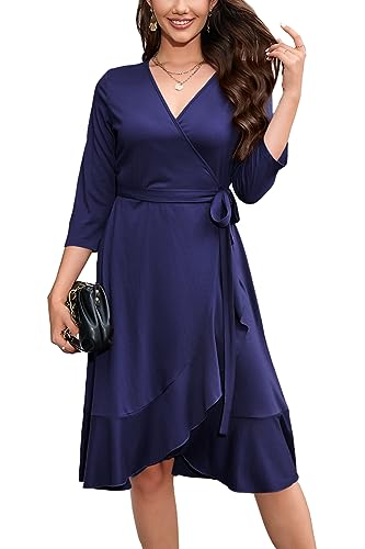 yasingoo Women's V-Neck Wrap Dress 2023 Fall Fashion 3/4 Sleeve Tie Waist Midi Flowy Ruffle Hem Mixi Boho Dresses Dark Blue,Medium