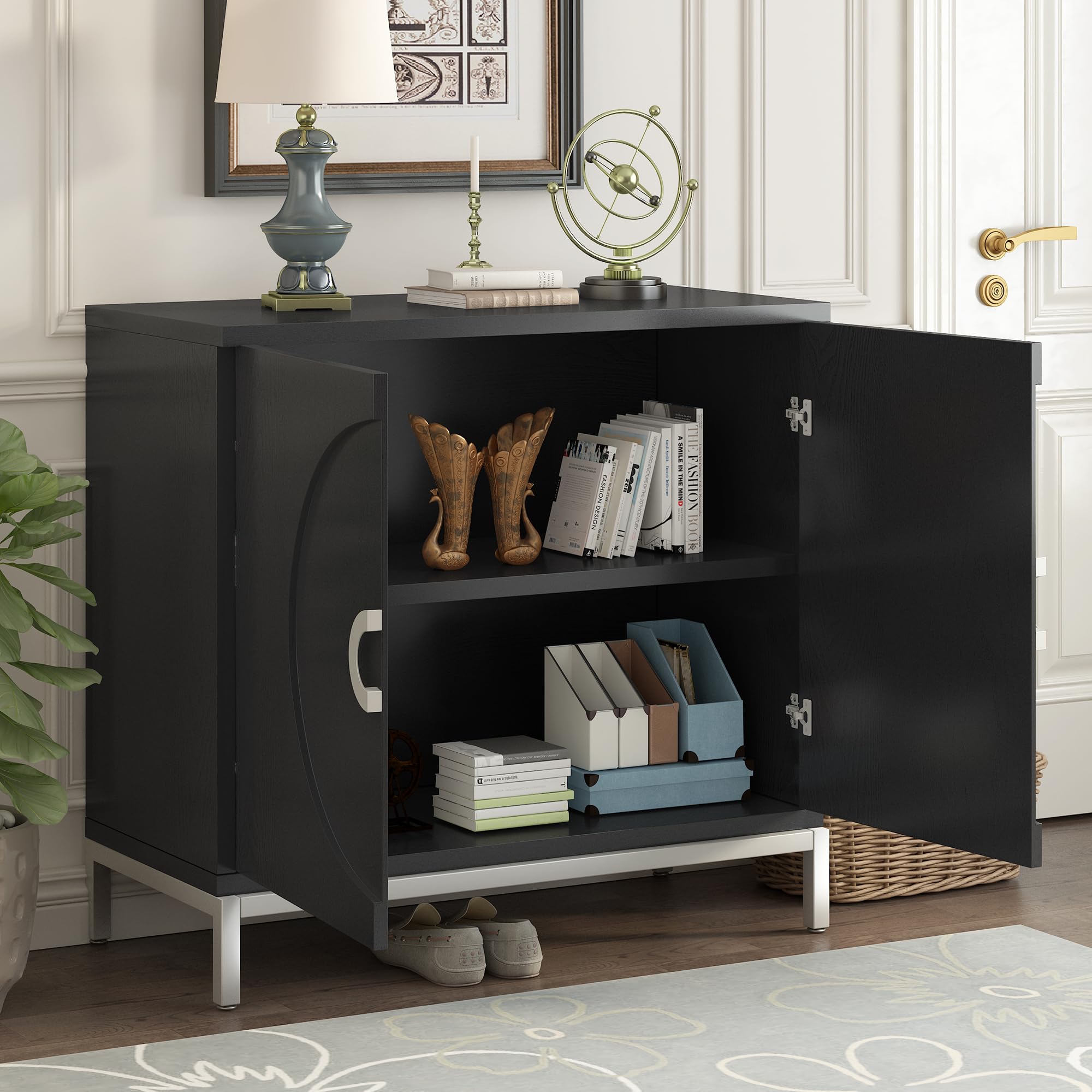 Simple Accent Storage Cabinet with Solid Wood Veneer and Metal Leg Frame,Fashion Style Solid Wood Sideboard with 2 Doors and Adjustable Shelves for Living Room Entryway Dining Room (Black#M)