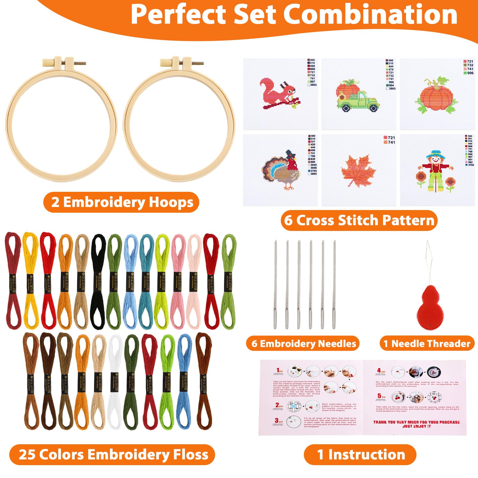 ZOIIWA 6PCS Fall Cross Stitch Kits for Beginners Autumn DIY Embroidery Kit for Kids Adults Fall Thanksgiving Gift Turkey Pumpkin Maple Leaf Truck Squirrel Scarecrow Craft Needlepoint Starter Supplies