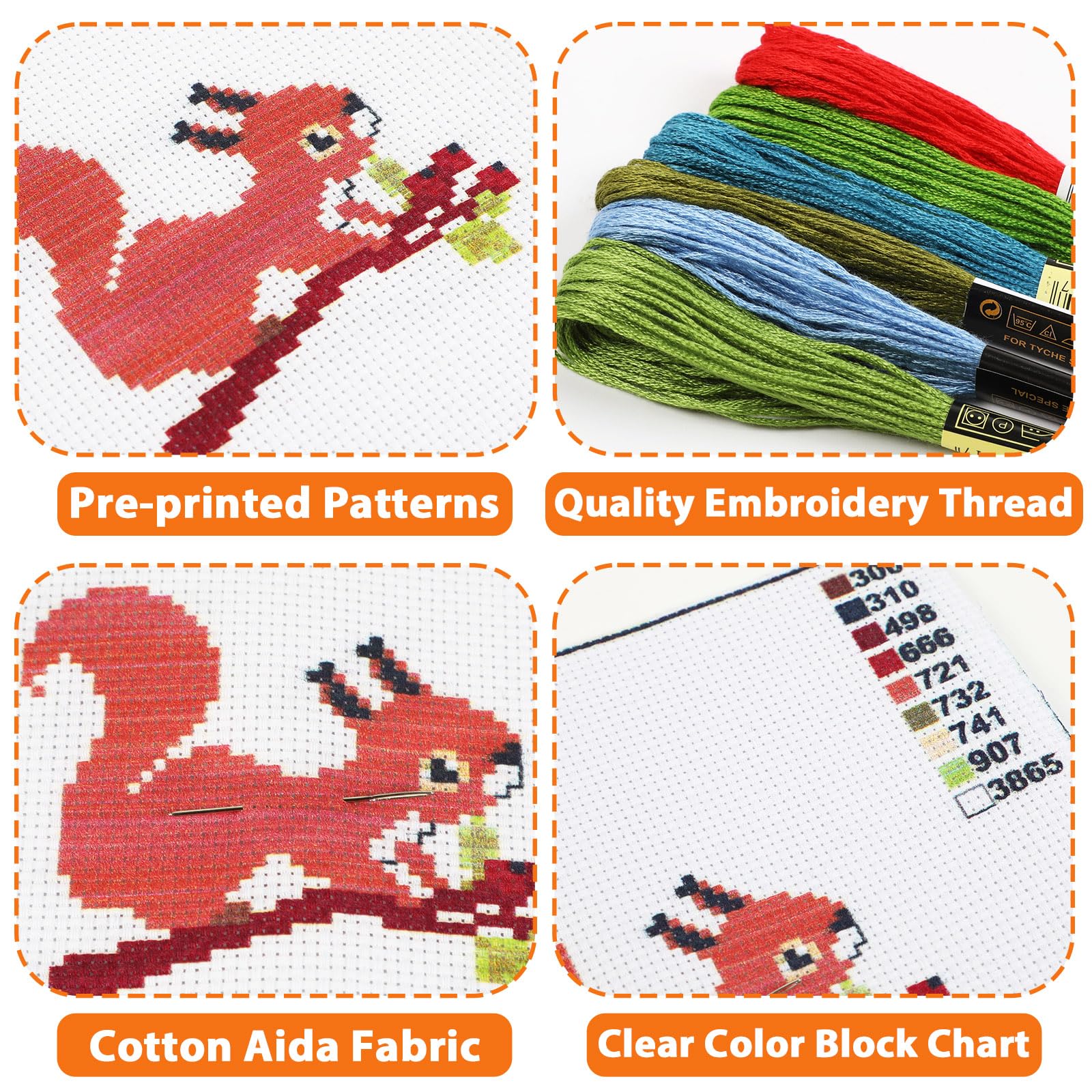 ZOIIWA 6PCS Fall Cross Stitch Kits for Beginners Autumn DIY Embroidery Kit for Kids Adults Fall Thanksgiving Gift Turkey Pumpkin Maple Leaf Truck Squirrel Scarecrow Craft Needlepoint Starter Supplies