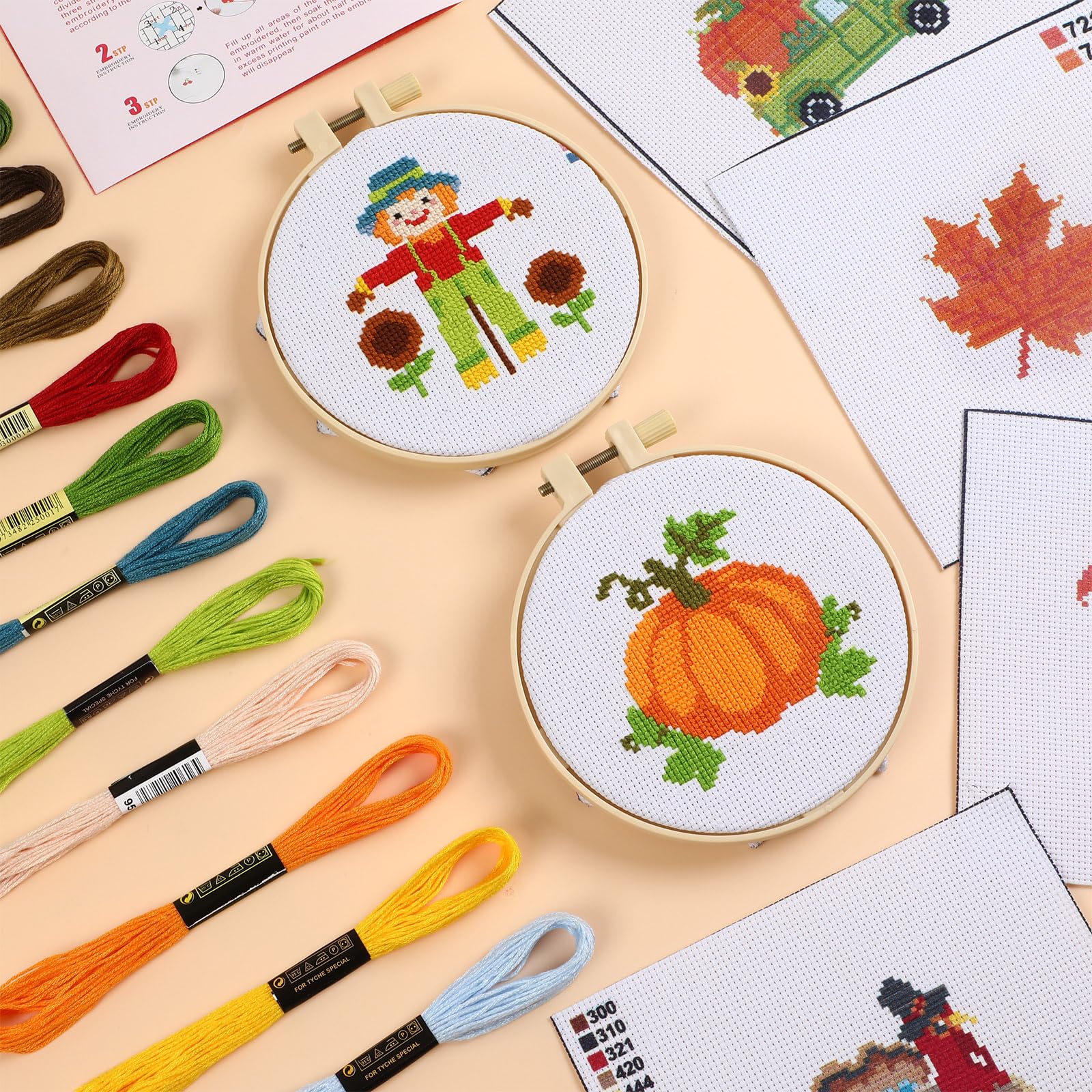 ZOIIWA 6PCS Fall Cross Stitch Kits for Beginners Autumn DIY Embroidery Kit for Kids Adults Fall Thanksgiving Gift Turkey Pumpkin Maple Leaf Truck Squirrel Scarecrow Craft Needlepoint Starter Supplies