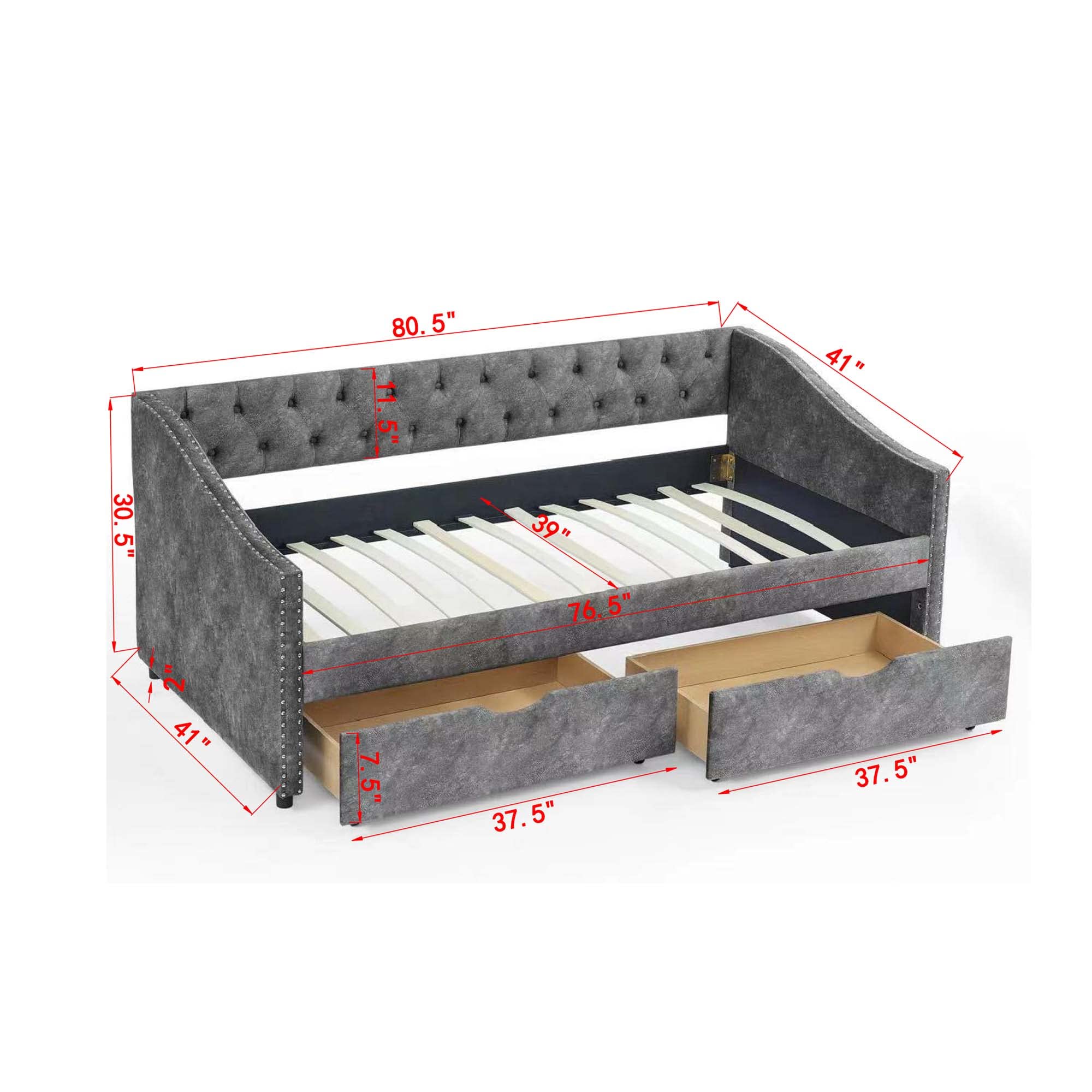 GLANZEND Twin Size Tufted Daybed with Double Storage Drawers, Upholstered Sofa Bed, Wooden Couch with Button on Back and Copper Nail on Waved Shape Arms, for Bedroom, Living Room, Gray