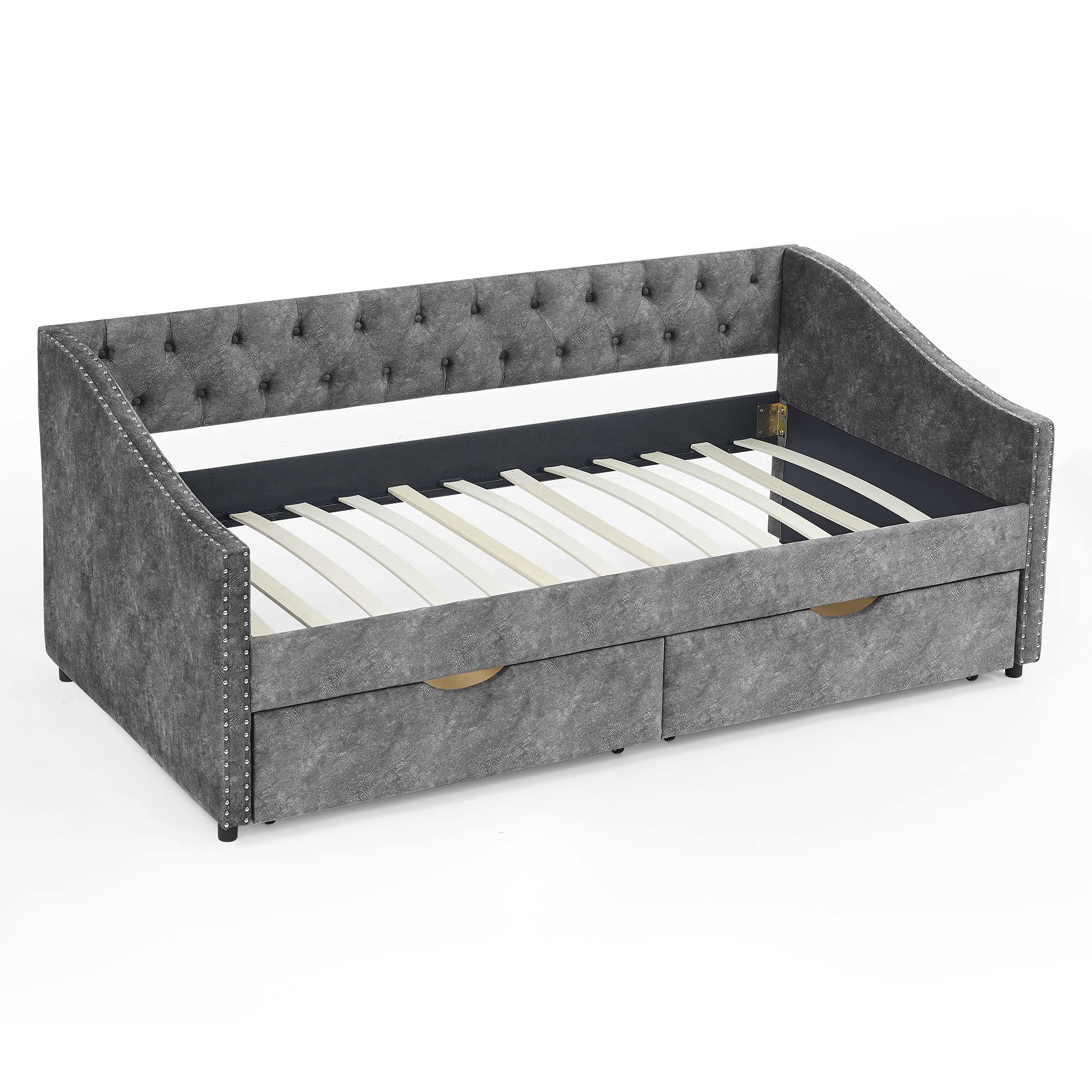 GLANZEND Twin Size Tufted Daybed with Double Storage Drawers, Upholstered Sofa Bed, Wooden Couch with Button on Back and Copper Nail on Waved Shape Arms, for Bedroom, Living Room, Gray