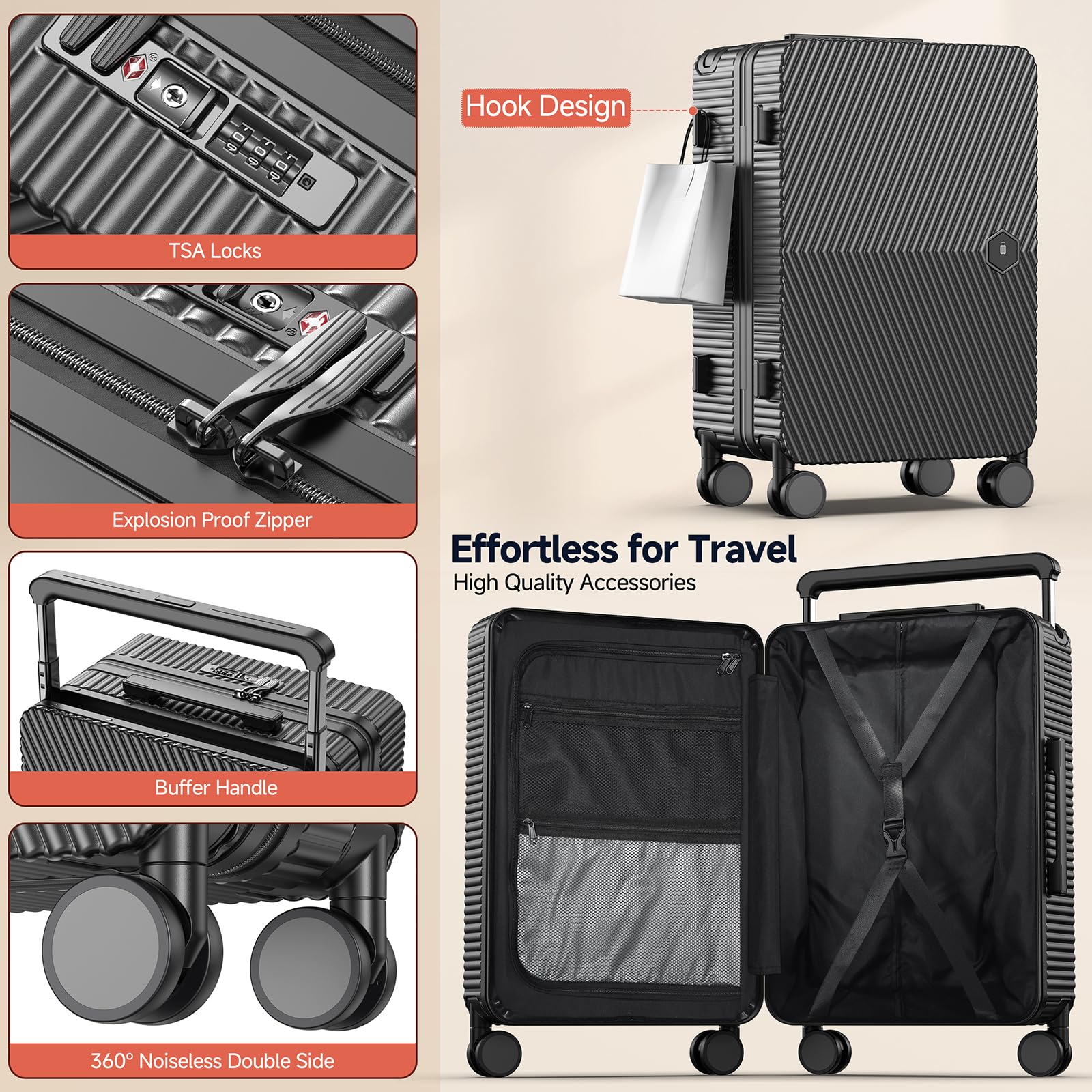 SOMODE Lightweight Carry On Luggage 20inch Wide Handle Suitcase,Travel Luggage (03-2-BLACK)