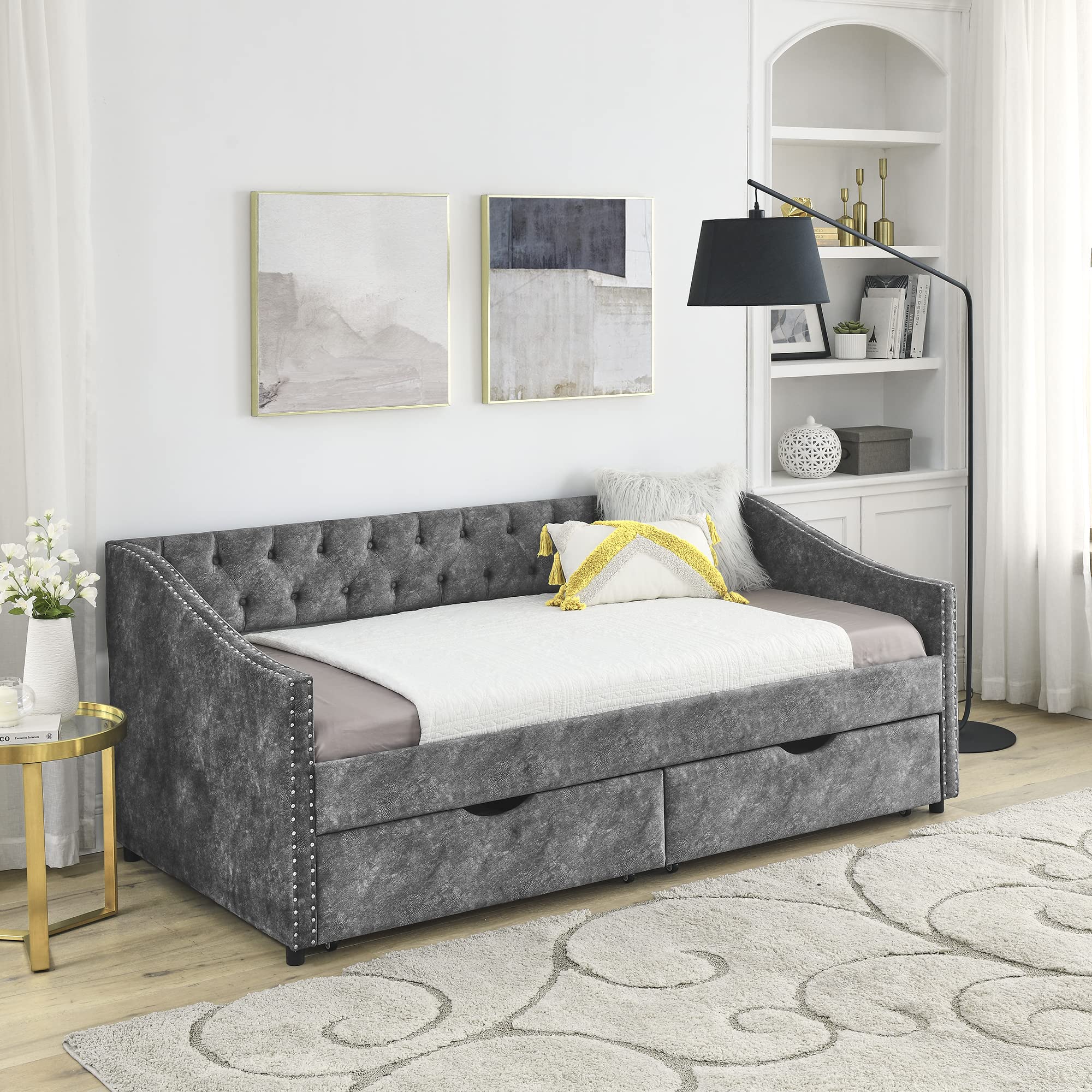 GLANZEND Twin Size Tufted Daybed with Double Storage Drawers, Upholstered Sofa Bed, Wooden Couch with Button on Back and Copper Nail on Waved Shape Arms, for Bedroom, Living Room, Gray
