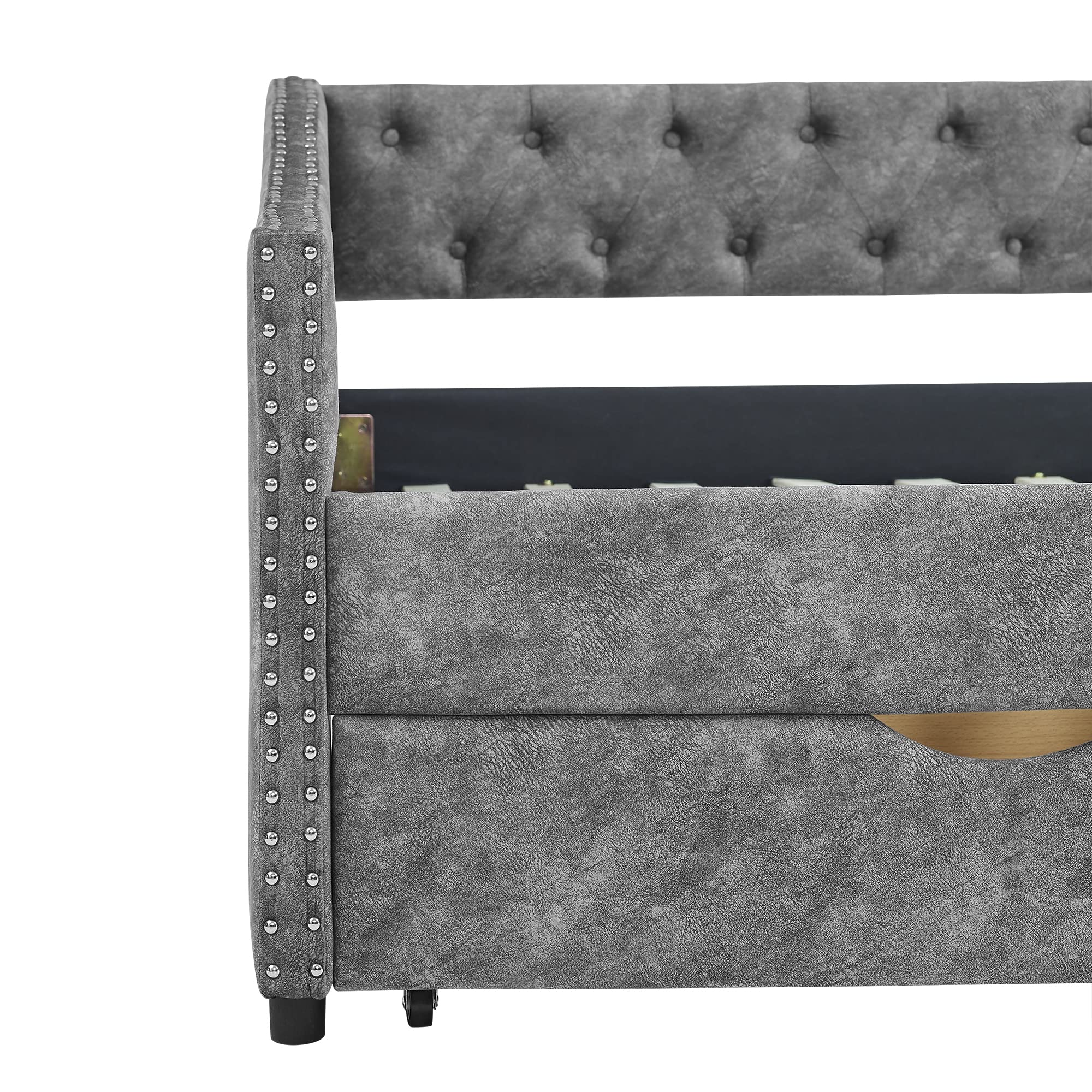 GLANZEND Twin Size Tufted Daybed with Double Storage Drawers, Upholstered Sofa Bed, Wooden Couch with Button on Back and Copper Nail on Waved Shape Arms, for Bedroom, Living Room, Gray