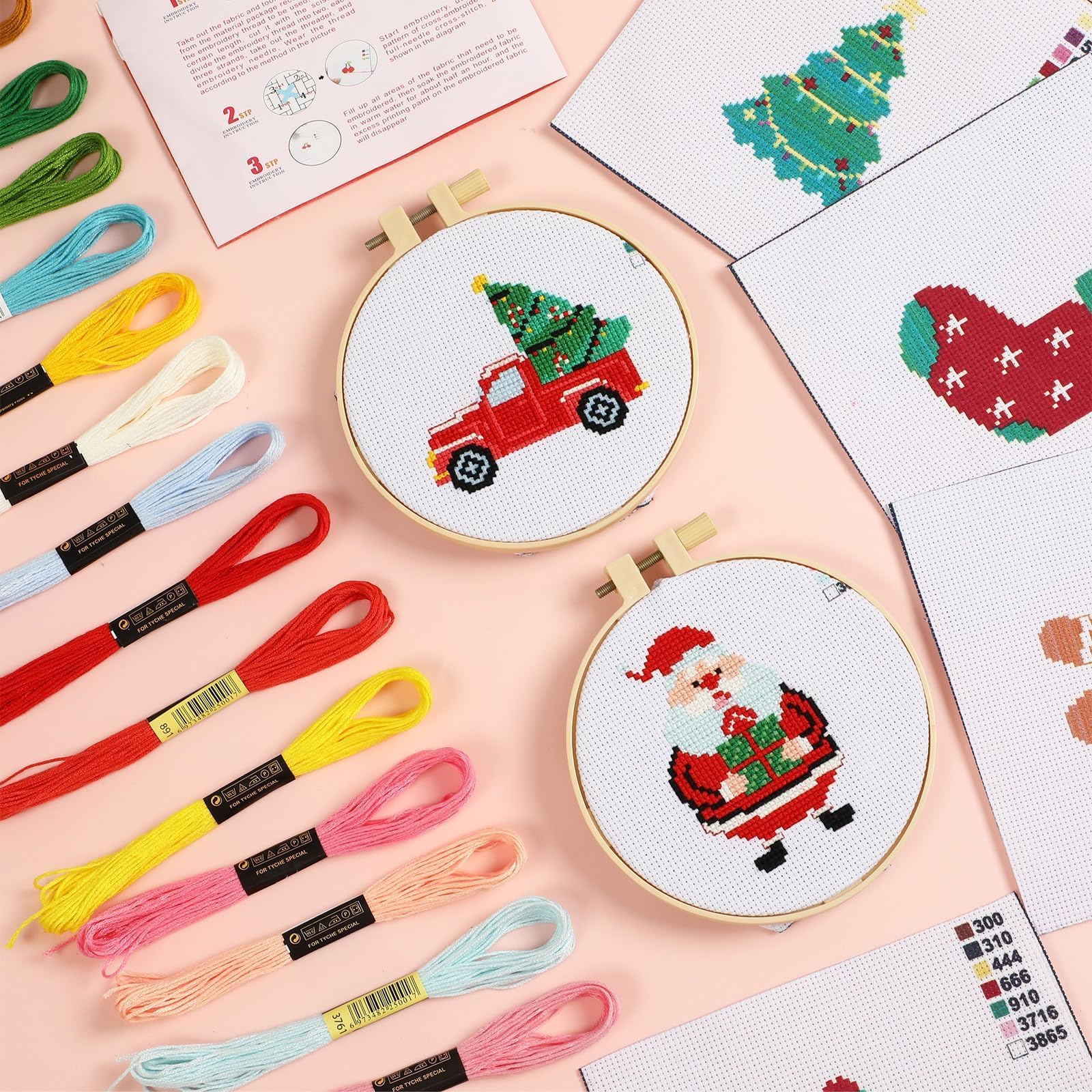 ZOIIWA 6PCS Christmas Cross Stitch Kits for Beginners DIY Embroidery Kit for Kids Adults Needlepoint Starter Kits Craft with Santa Snowman Gingerbread Man Socks Christmas Tree Truck Craft Supplies