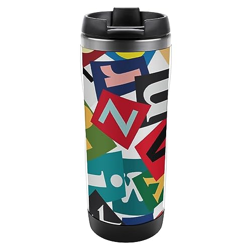 KS-QON BENG Colour Alphabet Travel Mug 12 Oz Travel Coffee Cup Stainless Steel Insulated Tumbler with Flip Lid Double Wall Keep Cool/Warm Water Cup for Women Men