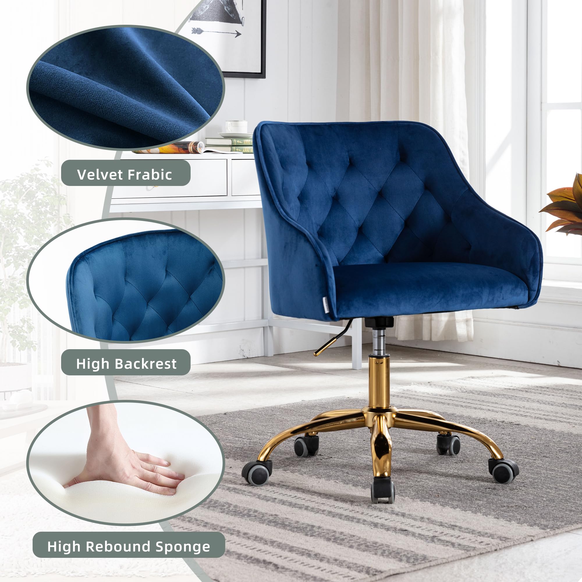 KUIKUI Velvet Desk Chair, Modern Office Chair, Wheels Swivel Height Adjustable Swivel Task Chair for Home Office,Navy Blue