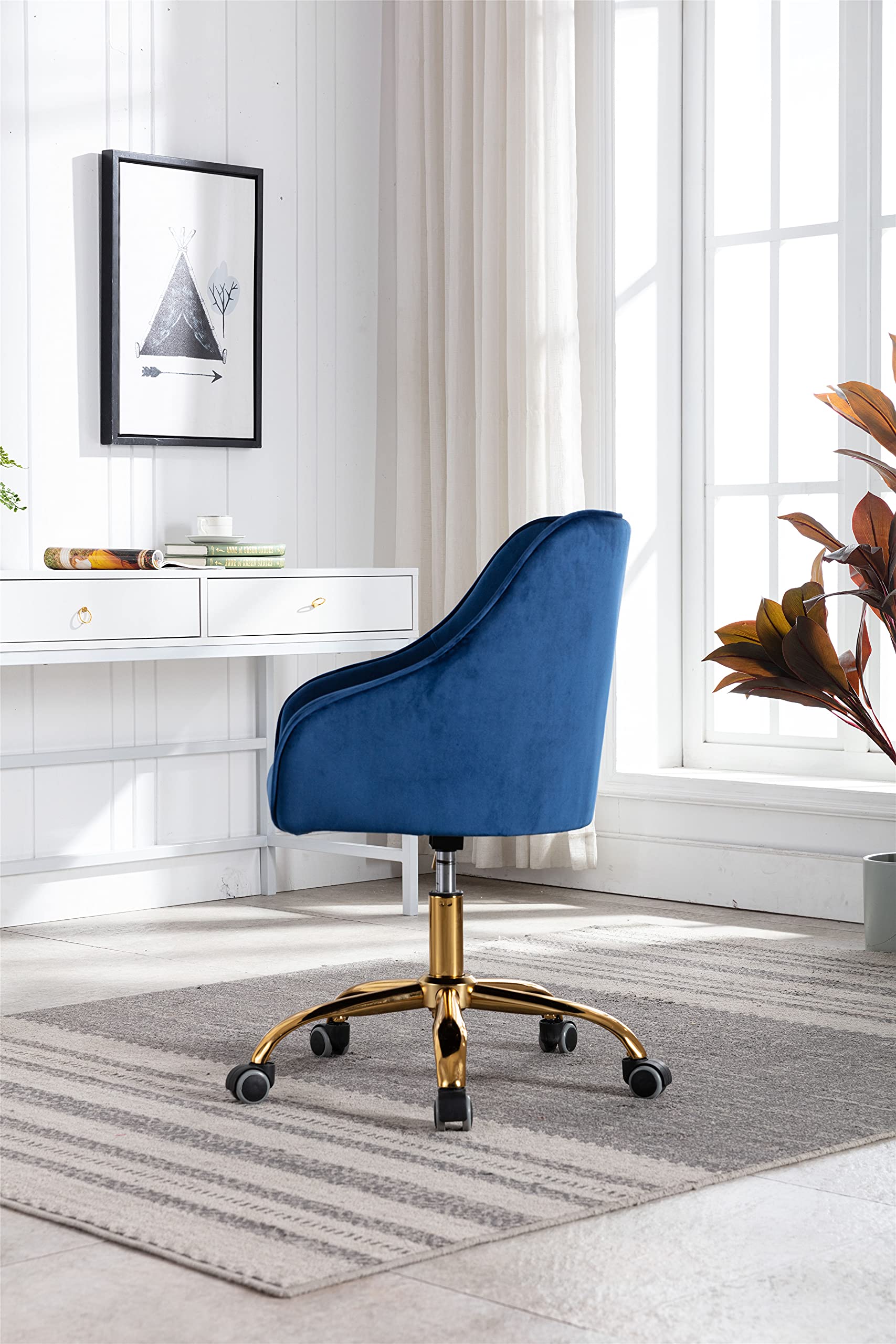 KUIKUI Velvet Desk Chair, Modern Office Chair, Wheels Swivel Height Adjustable Swivel Task Chair for Home Office,Navy Blue