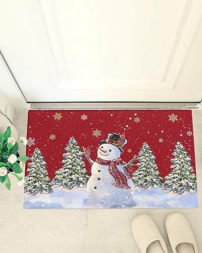 Yun Nist Christmas Snowman Bathroom Rug,Xmas Tree Red Soft Shag Rug Non Slip Doormat,Winter Snowflakes Absorbent Carpet Furry Cozy Floor Mat for Kitchen Bedroom Living Room 16x24in