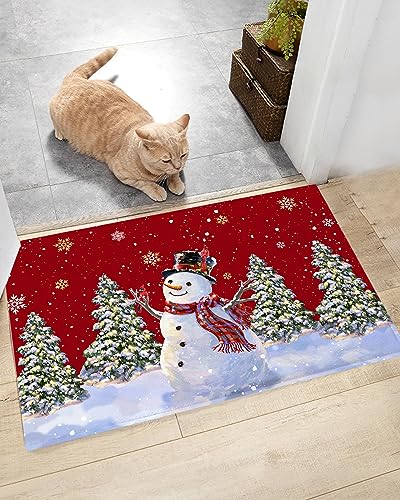 Yun Nist Christmas Snowman Bathroom Rug,Xmas Tree Red Soft Shag Rug Non Slip Doormat,Winter Snowflakes Absorbent Carpet Furry Cozy Floor Mat for Kitchen Bedroom Living Room 16x24in