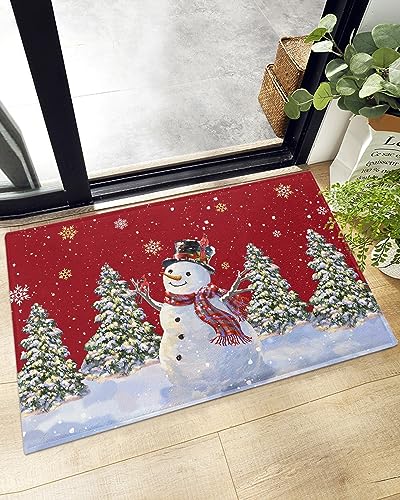 Yun Nist Christmas Snowman Bathroom Rug,Xmas Tree Red Soft Shag Rug Non Slip Doormat,Winter Snowflakes Absorbent Carpet Furry Cozy Floor Mat for Kitchen Bedroom Living Room 20x31.5in