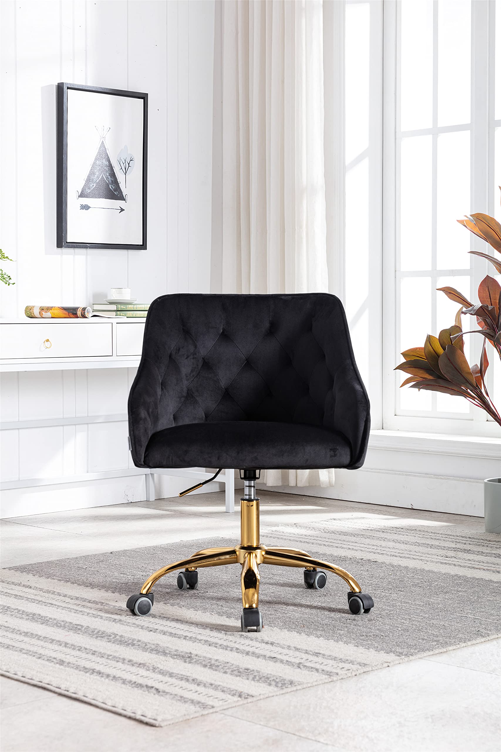 KUIKUI Velvet Desk Chair, Modern Office Chair, Wheels Swivel Height Adjustable Swivel Task Chair for Home Office,Black